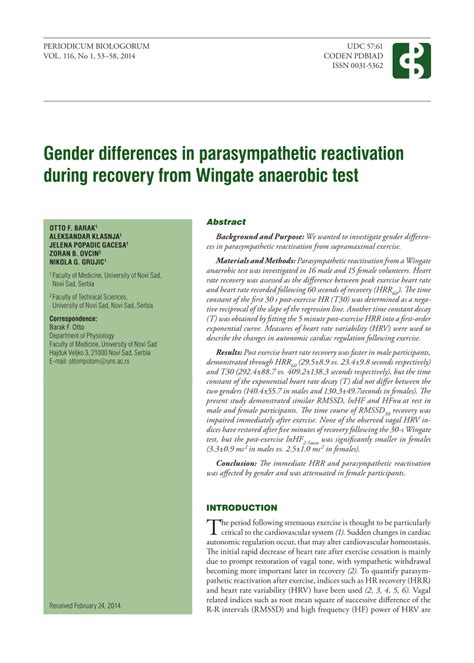 Pdf Gender Differences In Parasympathetic Reactivation During Recovery From Wingate Anaerobic Test