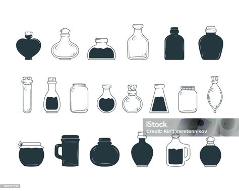플라스크 바이알 및 항아리 아이콘 격리 된 세트 영적 디자인 요소 보헤미안 스타일의 벡터 일러스트레이션 메이슨 항아리에 대한 스톡 벡터 아트 및 기타 이미지 Istock