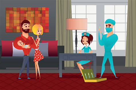 팔에 아기와 함께 젊은 가족은 의사의 두려워 의사는 간호사 기록 테이블에는 주사기에 보인다 집에서 신생아 예방 접종이 고 큰