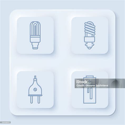 세트 라인 Led 전구 Led 전구 전기 플러그 및 배터리 흰색 정사각형 버튼 벡터 Led 조명에 대한 스톡 벡터 아트 및 기타