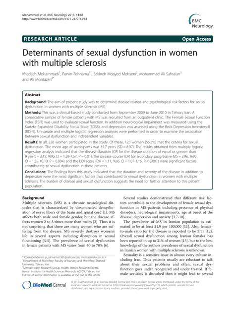 PDF Determinants Of Sexual Dysfunction In Women With Multiple Sclerosis