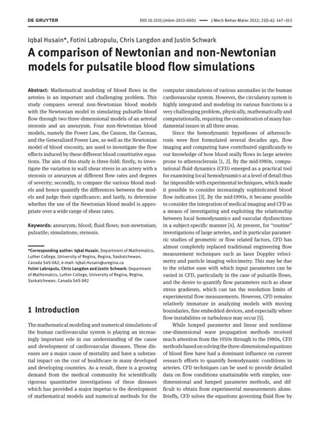 Pdf A Comparison Of Newtonian And Non Newtonian Models For Pulsatile