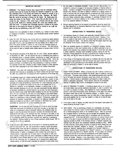 Form Atf F 4473 5300 9 Firearms Transaction Record Instructions Printable Pdf Download
