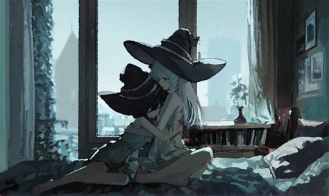Safebooru 2girls Bare Legs Barefoot Bed Bedroom Black Hair Blue Eyes