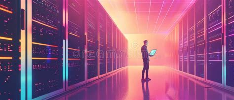 An It Specialist Working At A Data Center Using His Laptop Computer A Server Farm Cloud