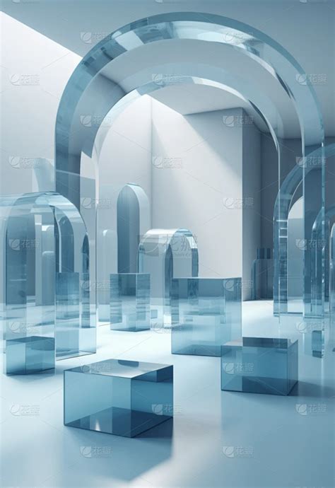 一个空房间里的玻璃立方体的三维图像，圆形风格，极简主义的舞台设计，曲面镜，浅白色和天蓝色，在线雕塑，包豪斯风格的设计，大胆的图形素材 花瓣网