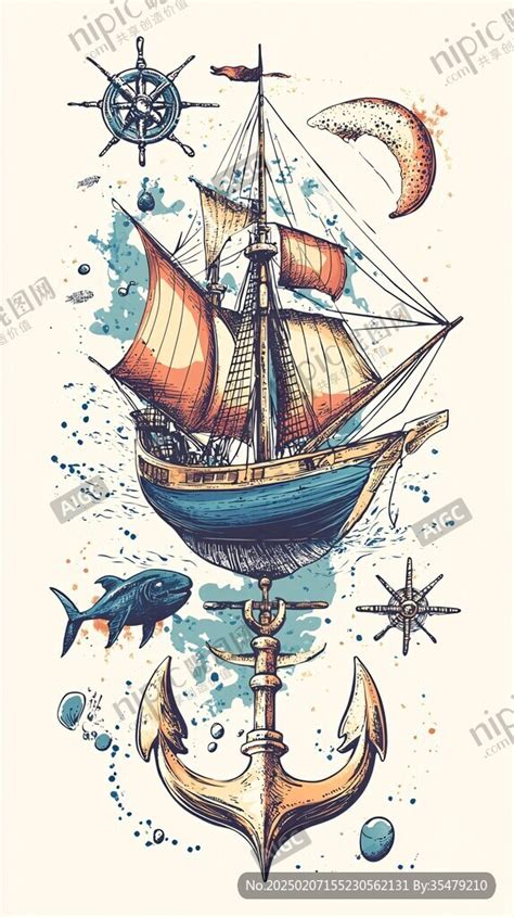 Ai创作图海盗船插画 航海风航海元素 手绘帆船图案 船锚插画 航海插画 海船插画 手绘帆船 手绘船舶 海洋系手绘 扬帆远航手绘 海洋元素线稿 鲸鱼海星帆船包装素材 复古航海壁纸 帆船手绘 航海