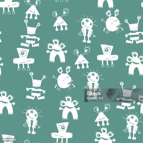 벡터 몬스터 원활한 패턴 손으로 그린 벡터 그림입니다 수의학 브랜드 디자인 및 어린이 제품을 위한 인쇄 녹색과 흰색 색상의 직물 교감 가공의 인물에 대한 스톡 벡터 아트 및