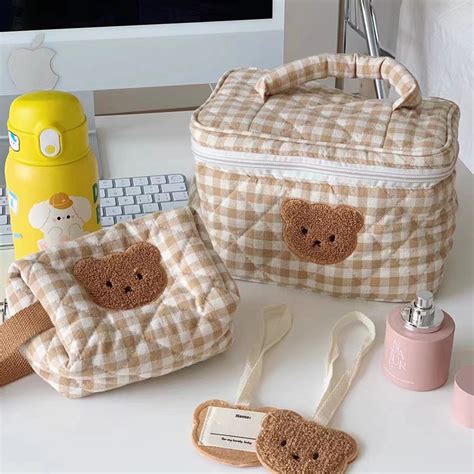 체크 곰돌이 파우치 미니 소품 정리 화장품 여행용 사각 2사이즈