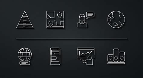 라인 피라미드 차트 인포 그래픽 전세계 지구 지구 교육 프리젠 테이션 채팅 메시지 전화 위치가있는 접힌지도 랭킹 스타 및 말풍선 채팅 아이콘을 설정합니다 벡터 1위에 대한