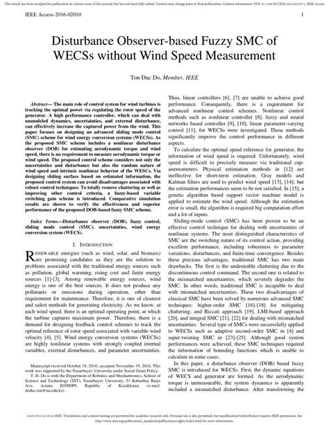 Pdf Disturbance Observer Based Fuzzy Smc Of Wecss Without Wind Speed Measurement