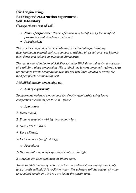 SOLUTION Compaction Test Of Soil By The Modified Proctor Test And Standard Proctor Test Studypool