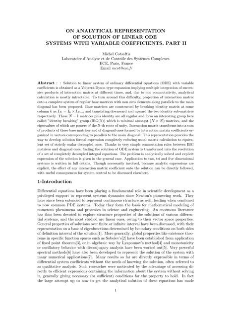 PDF ON ANALYTICAL REPRESENTATION OF SOLUTION OF LINEAR ODE SYSTEMS WITH VARIABLE COEFFICIENTS
