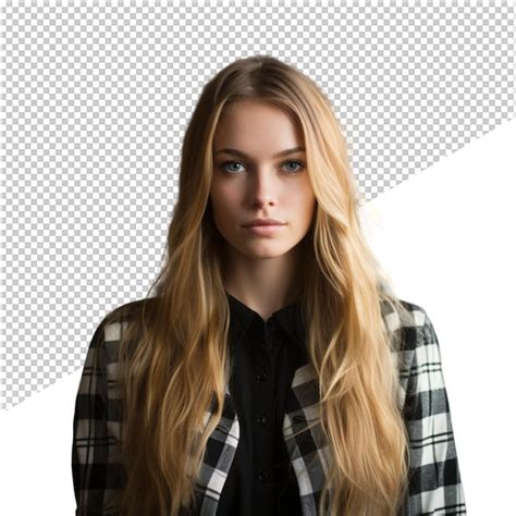 A Girl With Long Blonde Hair Stands In Front Of A White Background