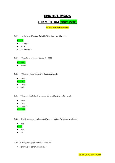 ENG 101 MCQS FOR Midterm BY Allyan NOTES BY ALLYAN NAJAM ENG 101 MCQS FOR MIDTERM ONLY MCQS