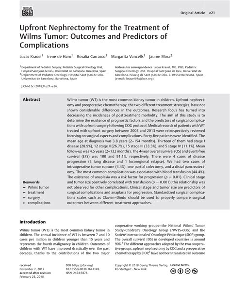 Full Article Upfront Nephrectomy For The Treatment Of Wilms Tumor