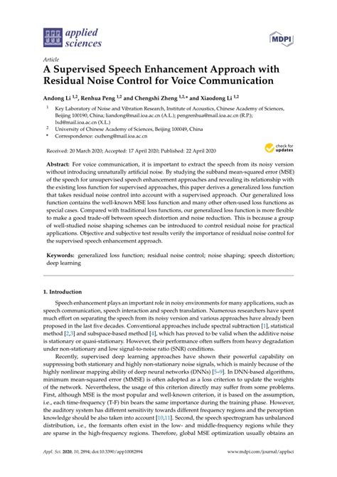 PDF A Supervised Speech Enhancement Approach With Residual Noise Control For Voice Communication