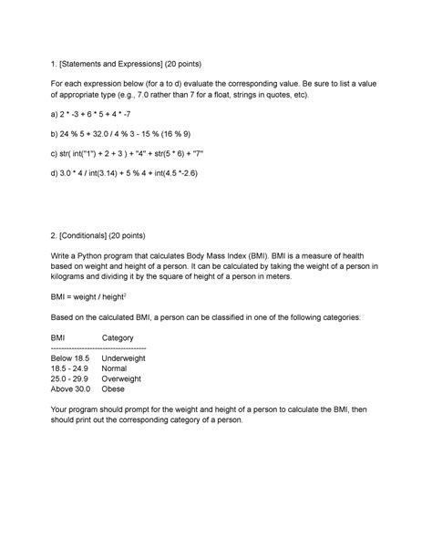 Cs104 Sample Midterm Statements And Expressions 20 Points For Each Expression Below For A