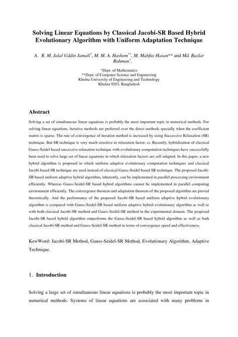 Solving Linear Equations By Classical Jacobi Sr Based Hybrid