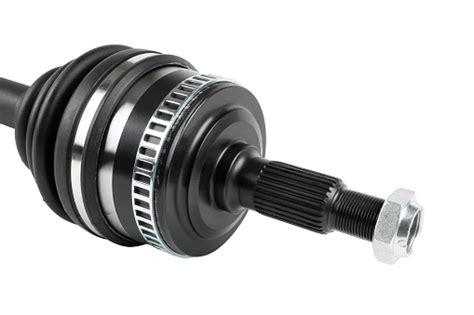 흰색 배경에 격리 된 전륜 구동 차량 어셈블리 흰색 위에 격리 된 새로운 자동차 드라이브 샤프트 자동차 서비스 또는 유지 보수를위한 품질 예비 부품 위쪽 보기 구동축에 대한