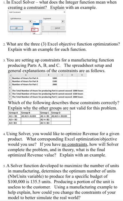 Solved 1 In Excel Solver What Does The Integer Function