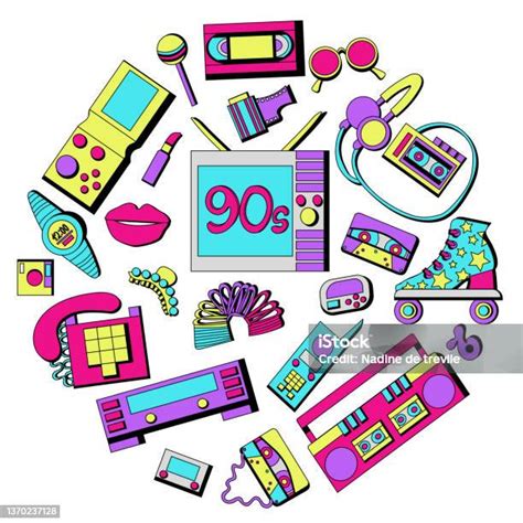 90 년대의 손으로 그린 세트 원에 배치 복고풍 항목 90 년대의 복고풍 대중 문화 항목세트 흰색 배경에서 격리된 벡터 그림입니다 만화 90 년대 팝 아트 스타일의 아이콘