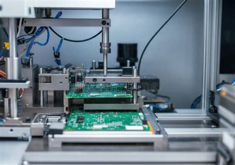 Automated Machine Assembling Circuit Boards In A Modern Factory Stock