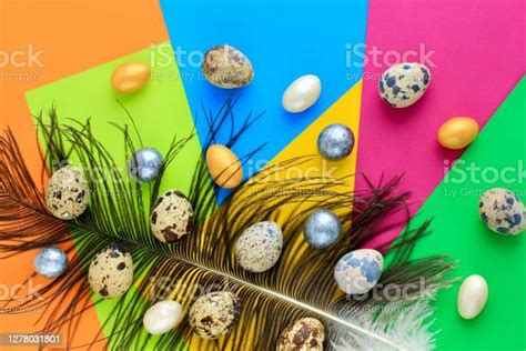 메추라기 달걀 잡종 색칠 흰색과 은 사탕은 밝은 다채로운 기하학적 배경에 큰 깃털에 누워 음식 부활절의 창조적 인 미니멀 트렌드 개념 공간을 복사합니다 개념에 대한 스톡