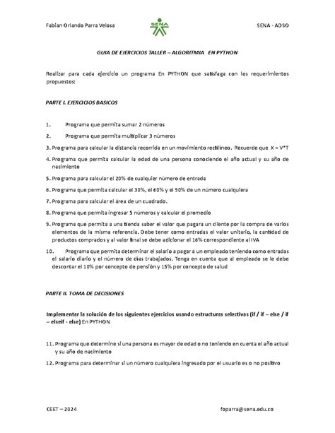 Taller De Algoritmia Con Python Guia De Ejercicios Taller Algoritmia En Python Realizar Para