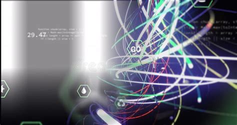 Image Of Spiral Pattern And Multiple Icons With Computer Language Over Black Background Stock