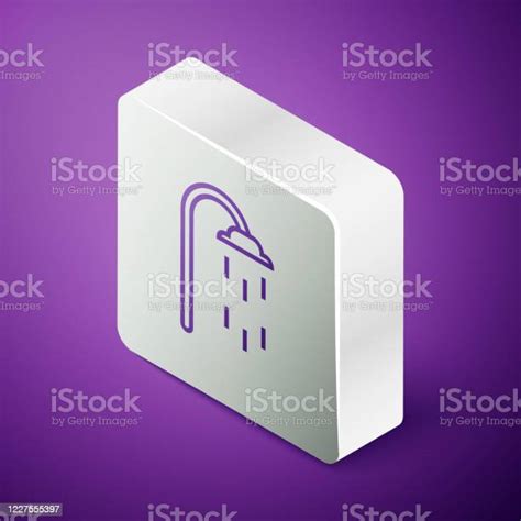아이소메트릭 라인 샤워 헤드와 물 방울 흐르는 아이콘 보라색 배경에 고립 실버 스퀘어 버튼 벡터 일러스트레이션 3차원 형태에 대한 스톡 벡터 아트 및 기타 이미지 Istock