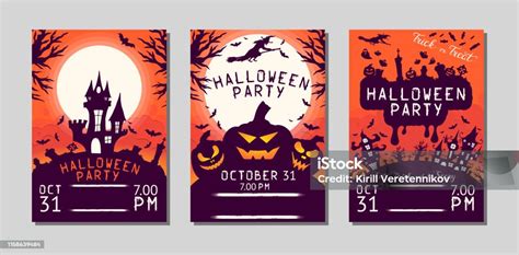 10 월 31 일 밤 동안 호박 묘지 유령의 집 박쥐와 마녀와 할로윈 전단지 벡터 고립 공포 포스터입니다 파티 초대 전단지 10월에 대한 스톡 벡터 아트 및 기타 이미지