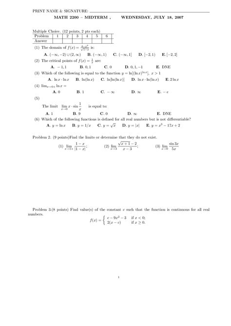 Midterm Exam 2 Analytic Geometry And Calculus 9 Problems Math