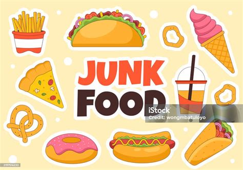 패스트 푸드 식사를 특징으로하는 정크 푸드 벡터 일러스트 레이 션 예를 들어 감자 튀김 피자 프라이드 치킨 그리고 햄버거 플랫 스타일 만화 배경 감자 요리에 대한 스톡 벡터