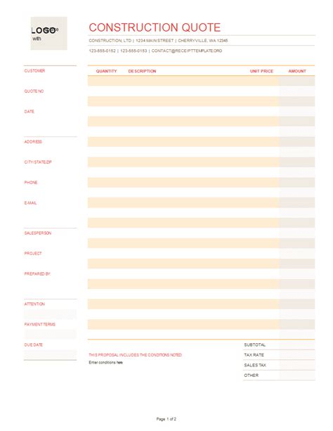 Quote Template In Excel Templates At Allbusinesstemplates Com