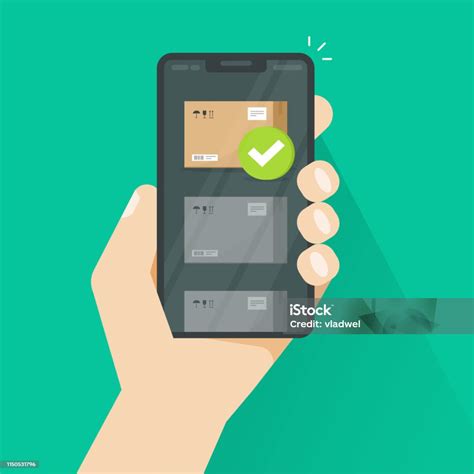소포 추적 또는 스마트폰 벡터 일러스트 레이 션 평면 만화 핸드폰 배송 트랙 앱 판지 패키지 상자와 휴대 전화 확인 표시를 통해 전달 화면 클립 아트 산업에 대한 스톡 벡터