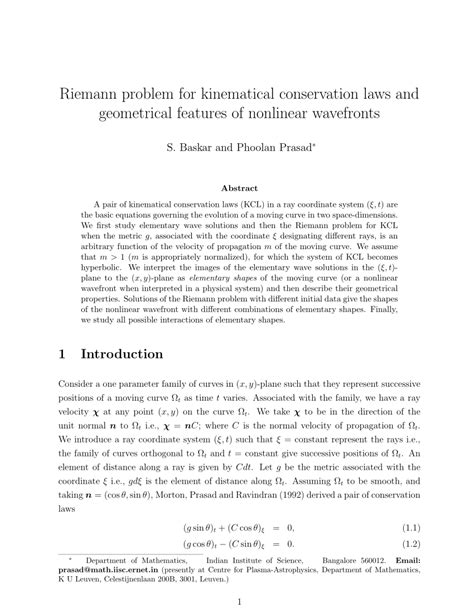 Pdf Riemann Problem For Kinematical Conservation Laws And Geometrical Features Of Nonlinear