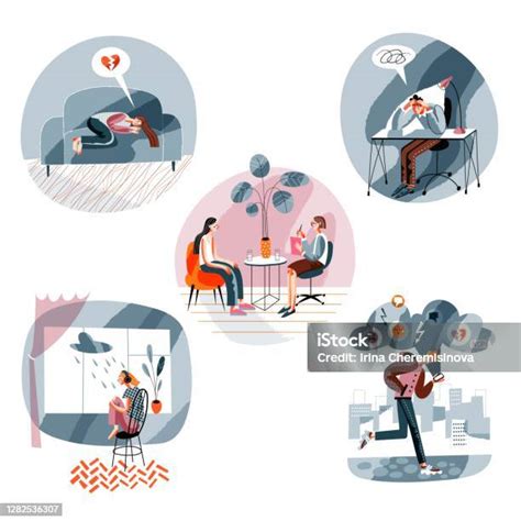 우울증에 슬픈 사람들이 설정 외로움 슬픔 불안을 느끼는 남자 심리 치료 세션 비탄을 가진 소녀 정신 건강 및 지원 벡터 일러스트레이션 아이에 대한 스톡 벡터 아트 및 기타