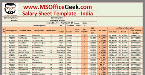 Ready To Use Employee Salary Sheet Excel Template India Msofficegeek