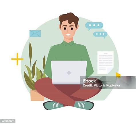 노트북 작업 학생 또는 원격 작업 개념을 가진 젊은이 남성 캐릭터 벡터 일러스트 레이 션 가상현실에 대한 스톡 벡터 아트 및 기타 이미지 Istock