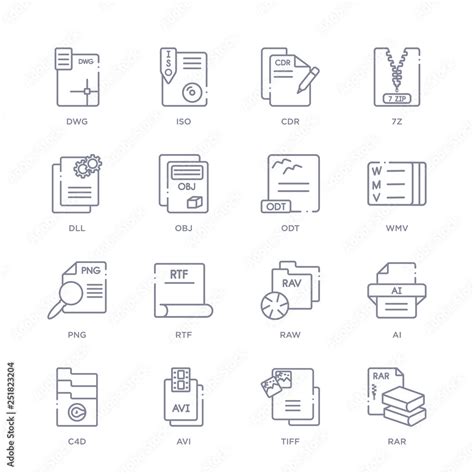 Set Of Thin Linear Icons Such As Rar Tiff Avi C D Ai Raw Rtf From File Type Collection
