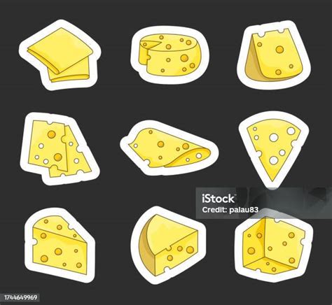 치즈 조각과 슬라이스 스티커 책갈피 파마산 치즈 모짜렐라 치즈 홀랜다이즈 리코타 치즈 다양한 종류의 조각 손 스타일 벡터 그리기 디자인 요소 모음입니다 개체 그룹에 대한
