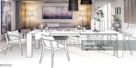 화이트 우드로 디자인된 거실 내부의 현대적인 가구 파노라마 3d 시각화 0명에 대한 스톡 사진 및 기타 이미지 0명 가구 가정의 방 Istock