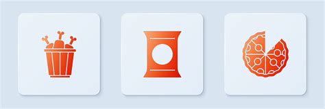 가방 또는 패킷 감자 칩 치킨 레그 패키지 상자와 피자를 설정합니다 흰색 정사각형 버튼 벡터 가공육에 대한 스톡 벡터 아트 및 기타 이미지 Istock