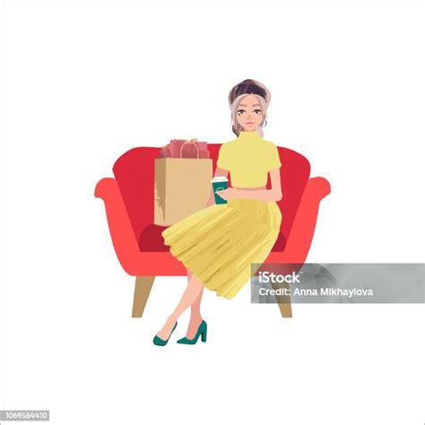 아름 다운 여자는 부 대와 흰색 바탕에 느낌 행복 쇼핑가 귀여운 벡터 만화 여성 캐릭터입니다 부드러운 색상 그림입니다 여자에