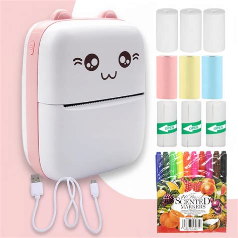 Дитячий міні принтер який друкує наклейки з набором паперу 9 шт фломастери Білий з рожевим