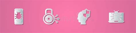 Set Paper Cut System Bug On Mobile Cyber Security Head With Shield And Monitor Icon Paper Art