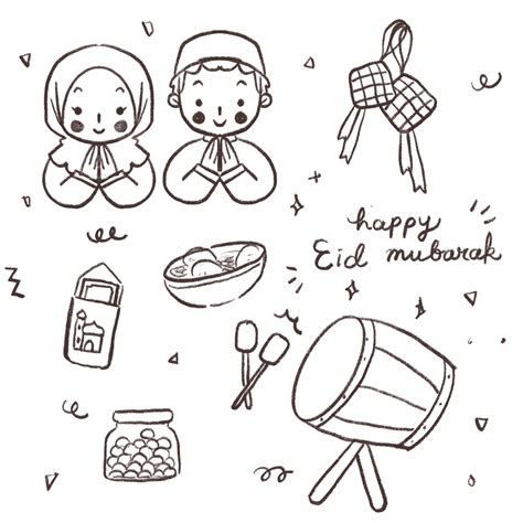 Cute Happy Eid Mubarak Doodle Illustration Eid Islamic Doodle Png