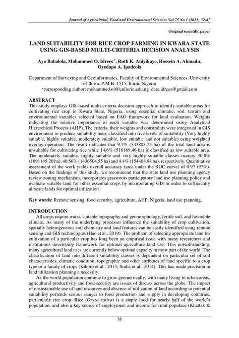 Pdf Land Suitability For Rice Crop Farming In Kwara State Using Gis Based Multi Criteria