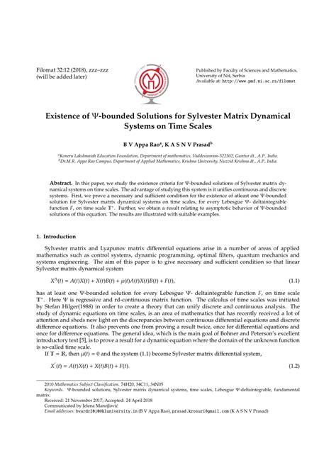 Pdf Existence Of Ψ Bounded Solutions For Sylvester Matrix Dynamical Systems On Time Scales